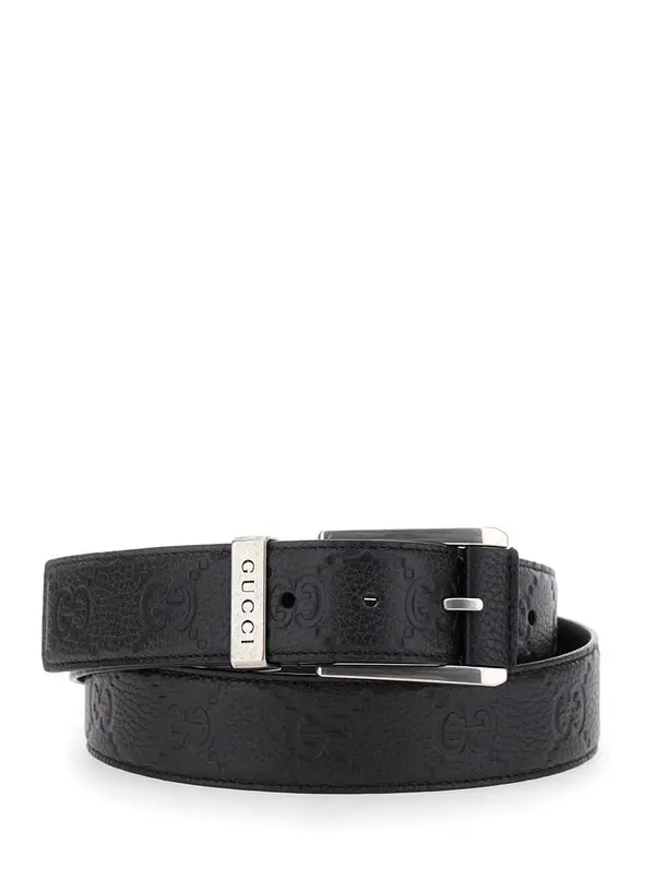 Gucci Black Belt With Square Buckle And All-over Embossed Gg Logo In Grained Leather - Multicolor