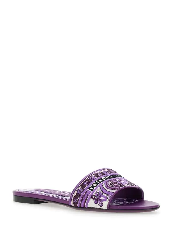 Dolce & Gabbana Violet Sandals With Logo Embroidery On The Front And All-over Majolica Motif In Cotton Blend - Multicolor