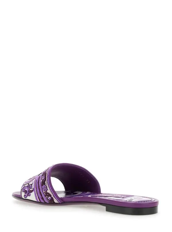 Dolce & Gabbana Violet Sandals With Logo Embroidery On The Front And All-over Majolica Motif In Cotton Blend - Multicolor