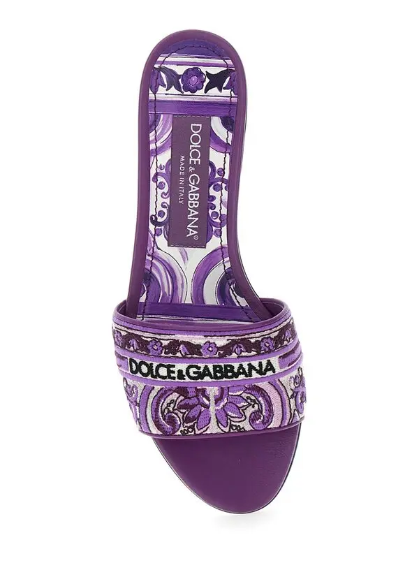 Dolce & Gabbana Violet Sandals With Logo Embroidery On The Front And All-over Majolica Motif In Cotton Blend - Multicolor