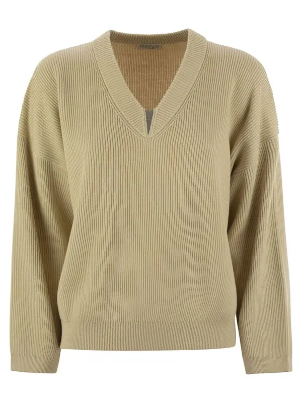 Brunello Cucinelli Cotton Rib Sweater With Shiny Detail - White