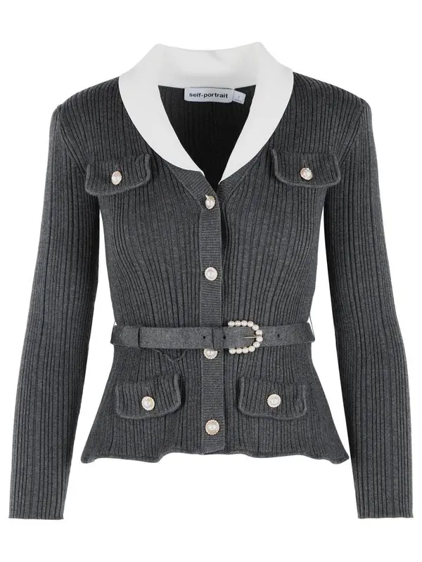 SELF-PORTRAIT Ribbed Cardigan In Grey Viscose Blend - Gray