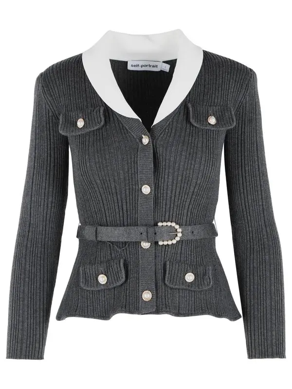 SELF-PORTRAIT Ribbed Cardigan In Grey Viscose Blend - Gray