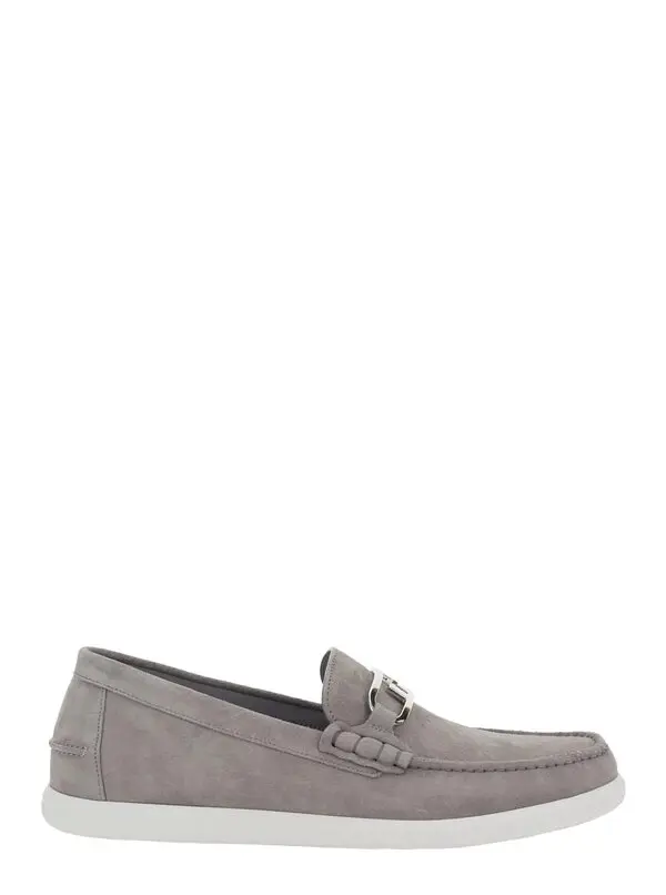 Fendi Grey Loafers With Ff Metal Buckle And Contrasting Sole In Suede - Multicolor
