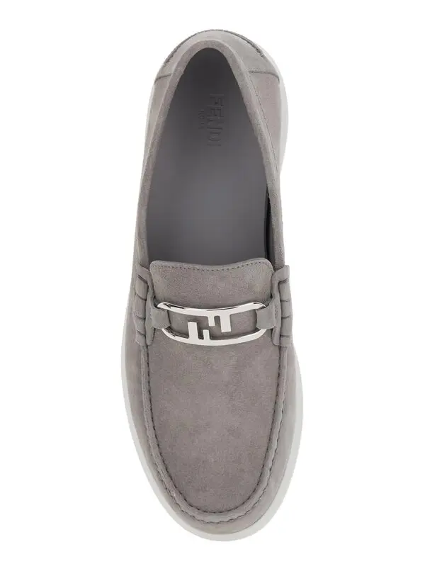 Fendi Grey Loafers With Ff Metal Buckle And Contrasting Sole In Suede - Multicolor