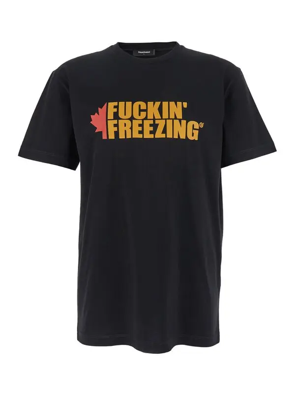 Dsquared2 Crewneck T-shirt With Print On The Front And Logo Lettering On The Rear In Cotton - Black