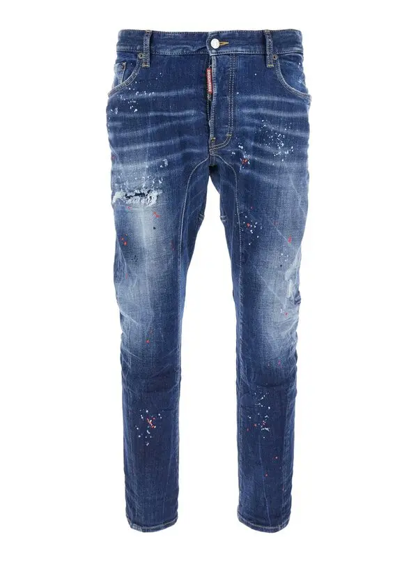 Dsquared2 Tidy Biker' Blue Jeans With Paint Embellishments And Logo Patch On The Rear In Denim - Multicolor