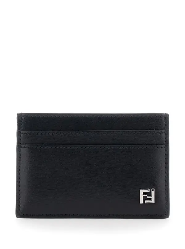 Fendi Black Card Holder With Ff Logo Plate On The Front In Leather For - Multicolor