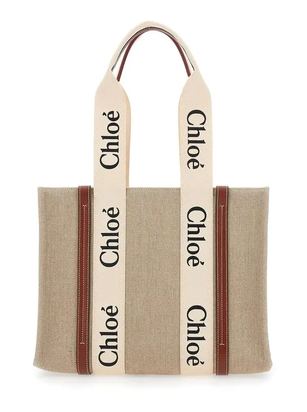 Chloé Handbag 'woody' Medium With Logo Lettering On The Front In Beige Linen For - Cream