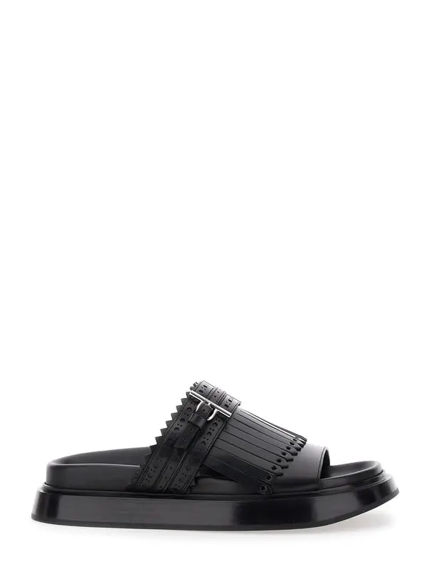 Alexander McQueen Black Sandals With Brogue T-buckle Decorative Strap In Leather - Multicolor