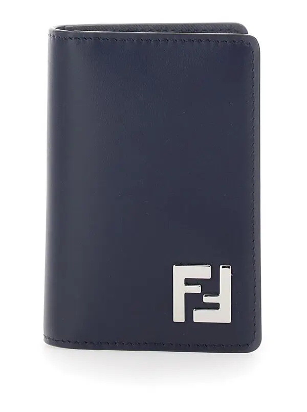 Fendi Blue Leather Card Holder With Ff Logo Plate On The Front For