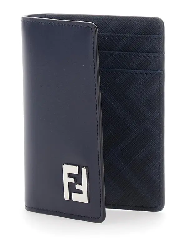 Fendi Blue Leather Card Holder With Ff Logo Plate On The Front For