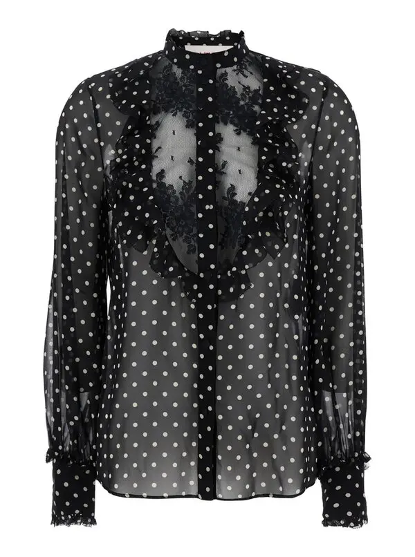 Valentino Garavani Black Crewneck Shirt With Floral Embroidery And All-over Polka Dots Motif In Silk - Multicolor