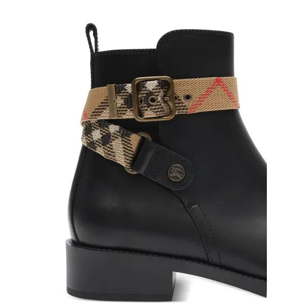 Burberry Smooth Calf Leather Check Strap Boots - Black