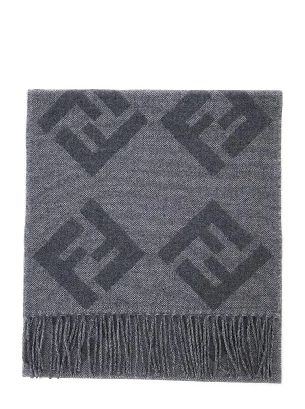 Fendi Grey Fringed Edge Scarf With All-over Ff Logo In Wool - Gray