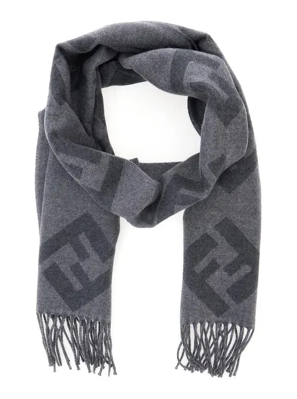 Fendi Grey Fringed Edge Scarf With All-over Ff Logo In Wool - Gray