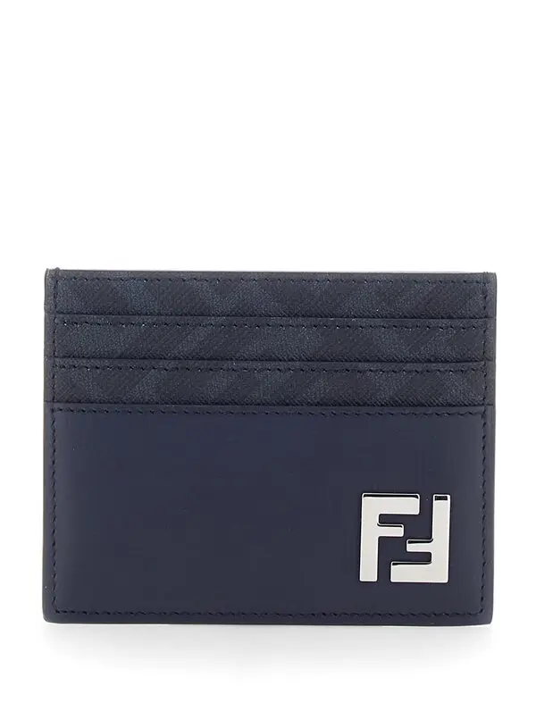 Fendi Blue Card Holder With Ff Plate On The Front In Leather