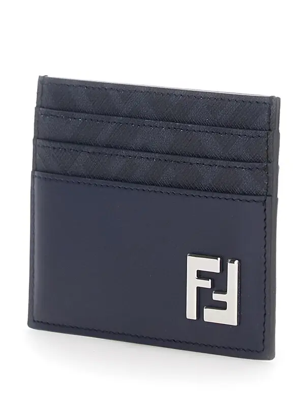Fendi Blue Card Holder With Ff Plate On The Front In Leather