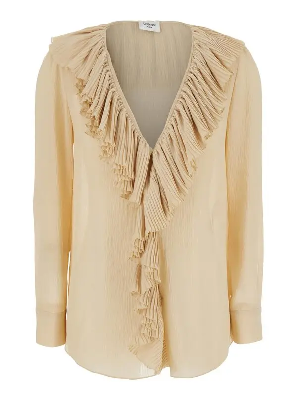 Saint Laurent Beige Blouse With V Neck And Ruffles On Front And Rear In Silk - Multicolor