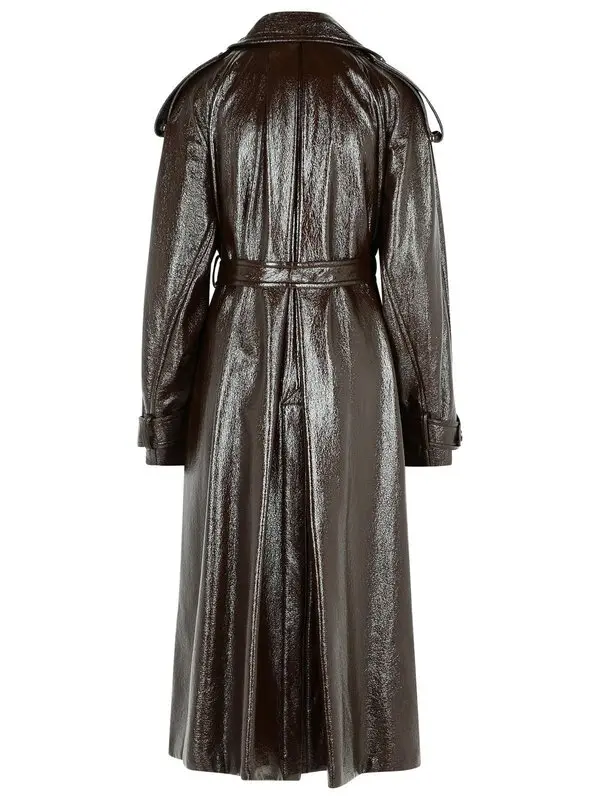 Sportmax Long 'bairo' Patent Effect Trench Coat In Coffee Cotton