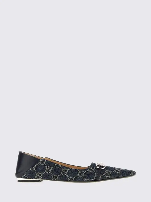 Gucci Vittoria Tapered Toe Gg Jacquard Denim Ballet Flats With Horsebit Detail - Blue