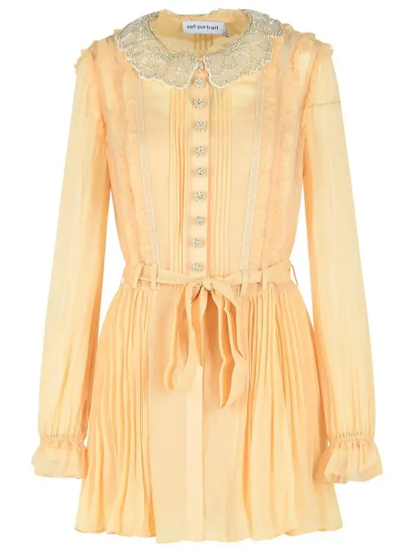 SELF-PORTRAIT Viscose Georgette Pleated Mini Dress - Cream