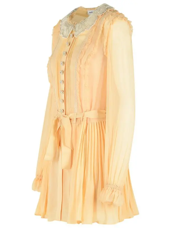 SELF-PORTRAIT Viscose Georgette Pleated Mini Dress - Cream