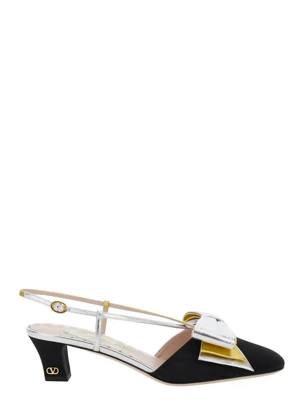 Valentino Garavani Black Slingback Décolleté With Oversized Bow On The Front In Leather And Viscose Blend - Multicolor