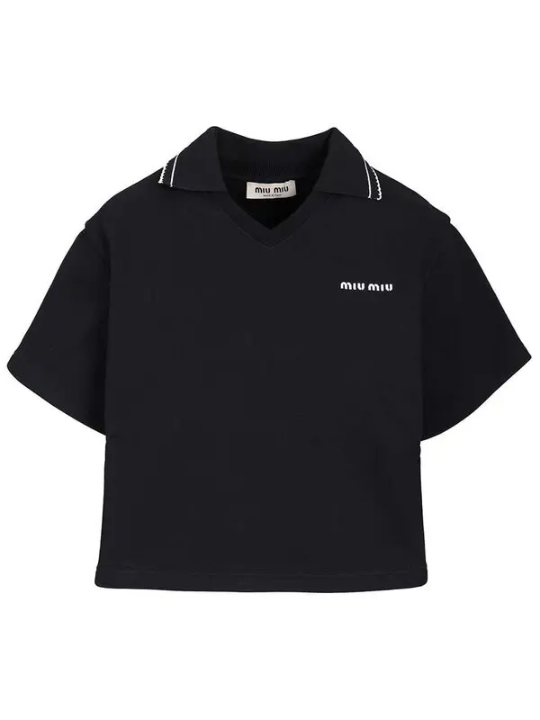 Miu Miu Cotton Jersey Cropped Polo Shirt - Blue