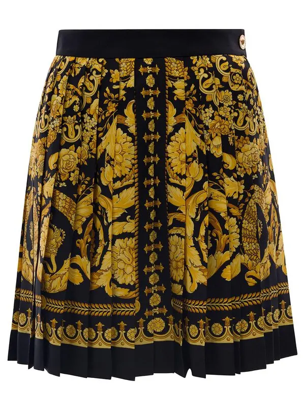 Versace Black And Golden Pleated Skirt With Baroque Print All-over In Silk - Multicolor