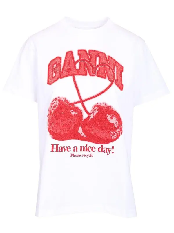 GANNI Printed Cotton T-shirt - White