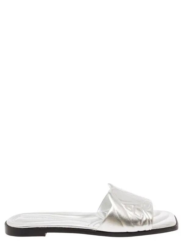 Alexander McQueen Metallic Flat Sandals With Embossed Motif In Metallic Leather - Silver