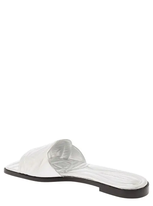 Alexander McQueen Metallic Flat Sandals With Embossed Motif In Metallic Leather - Silver