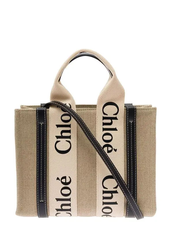 Chloé Tote Bag 'woody' With Leather And Linen Strap In Beige For - Cream