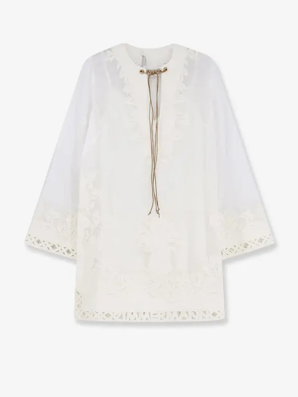 Zimmermann Indra Ramie Long Dress With All-over Embroidery - Cream