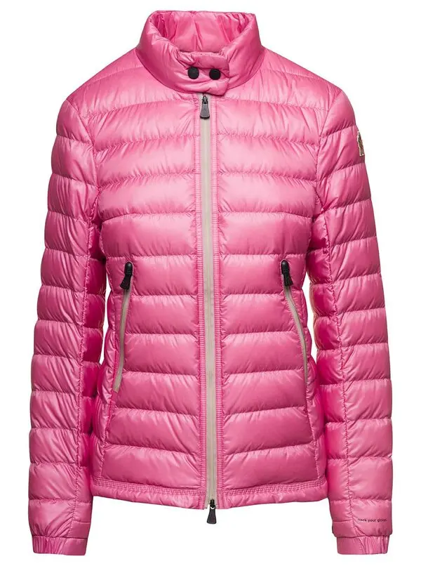Moncler Walibi' Pink Down Jacket With Logo Patch In Polyamide - Multicolor
