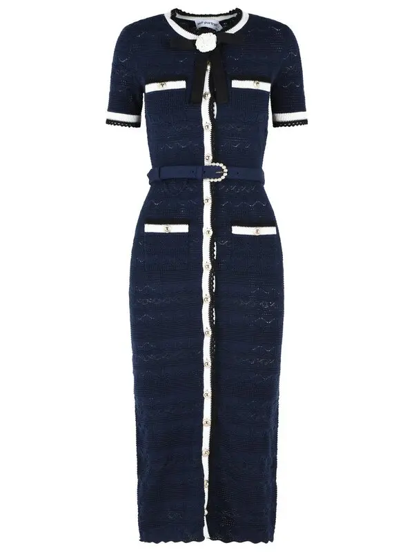 SELF-PORTRAIT Navy Cotton Blend Openwork Knit Midi Dress - Blue