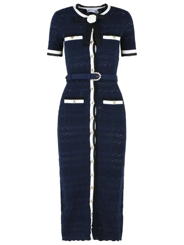 SELF-PORTRAIT Cotton Blend Openwork Knit Midi Dress - Blue