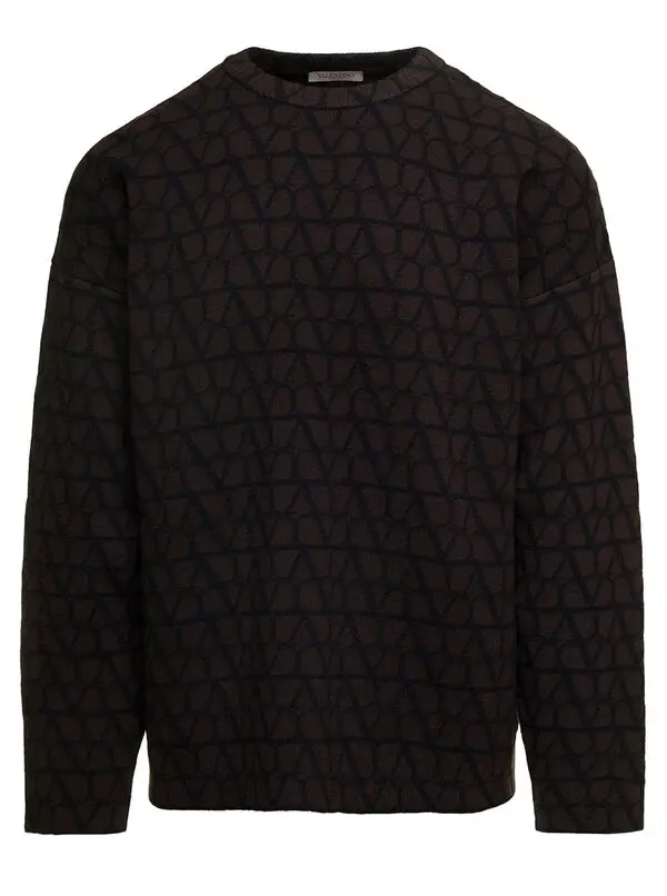 Valentino Garavani Brown Sweater With 'toile Iconographe' Allover Print In Virgin Wool - Multicolor