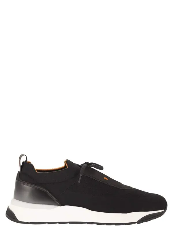Santoni Textile And Leather Trainers With Raised Sole - Black