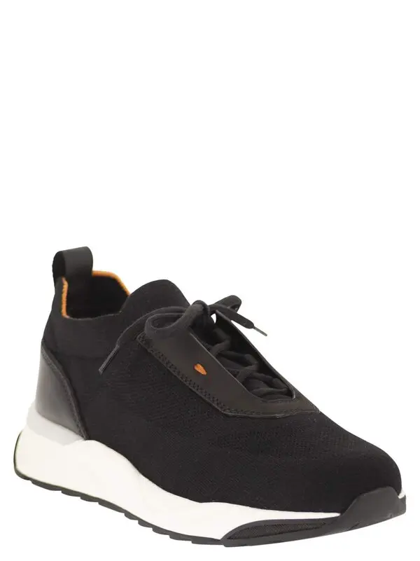Santoni Textile And Leather Trainers With Raised Sole - Black