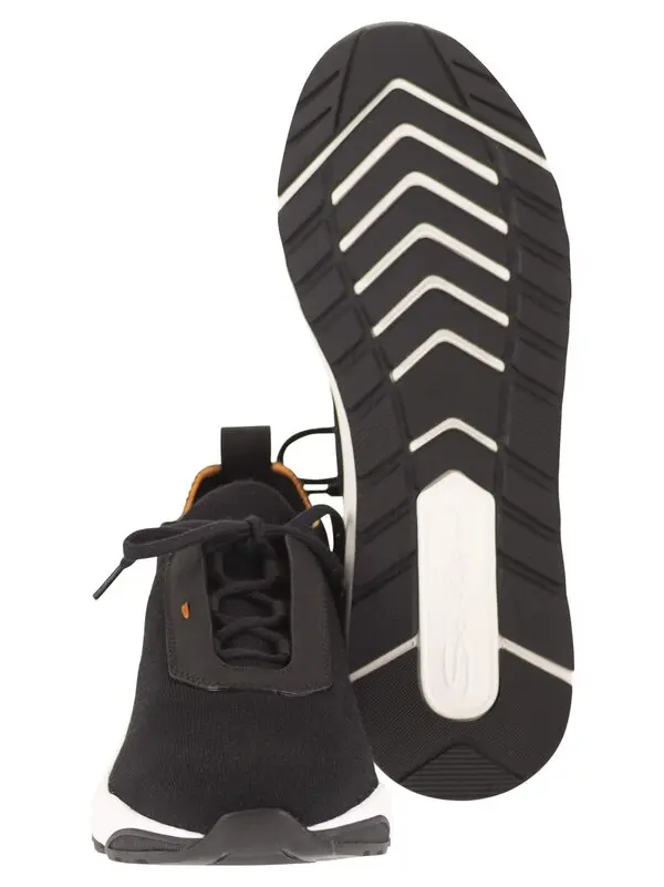 Santoni Textile And Leather Trainers With Raised Sole - Black