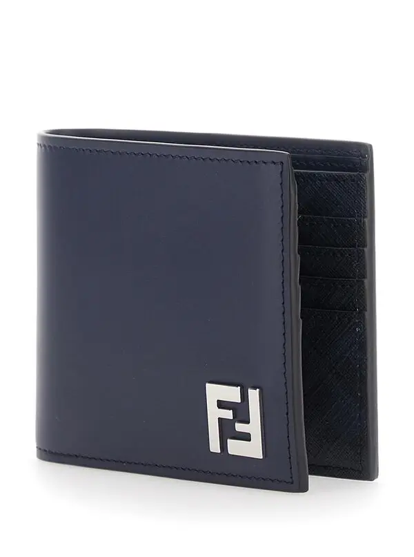 Fendi Blue Bi-fold Wallet With Ff Plate On The Front In Leather For