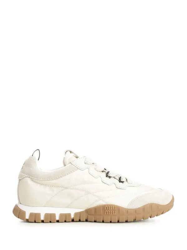 Miu Miu Tyre Technical Fabric And Suede Leather Sneakers - White