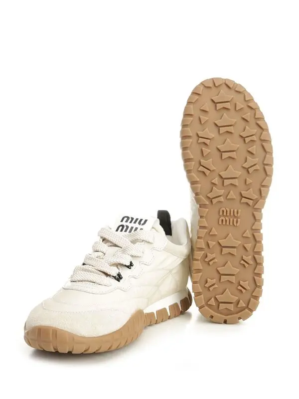 Miu Miu Tyre Technical Fabric And Suede Leather Sneakers - White