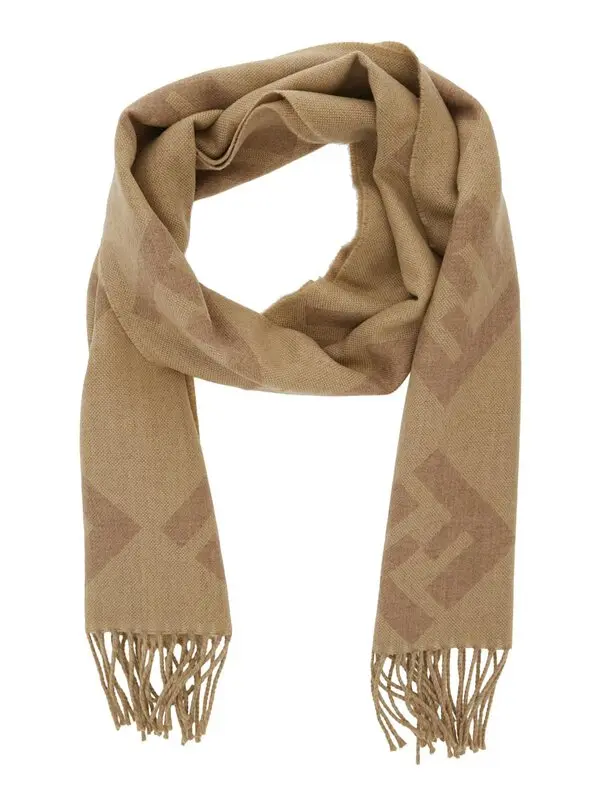 Fendi Beige Scarf With Fringed Hem And All-over Ff Motif In Wool For - Cream