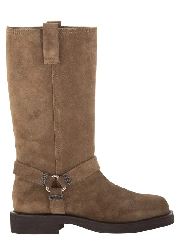 Brunello Cucinelli Suede Boots With Harness Strap And Ring Detail - Brown