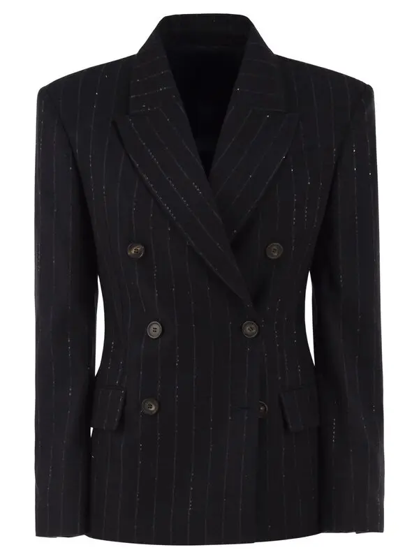Brunello Cucinelli Double-breasted Pinstripe Blazer With Sequins - Blue