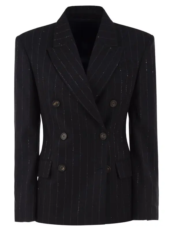 Brunello Cucinelli Double-breasted Pinstripe Blazer With Sequins - Blue