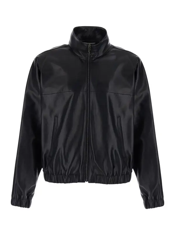 Saint Laurent Black High Collar Jacket With Front Zip Closure And Cassandre Plaque On Zipper Pull In Leather For